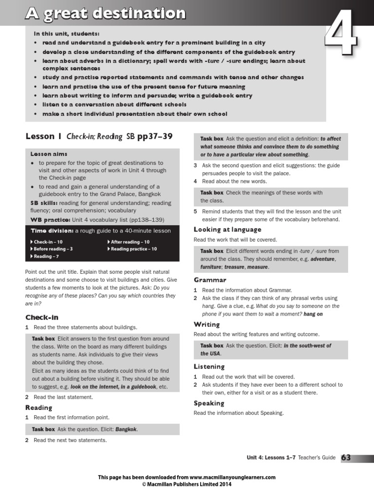 A Great Destination: Lesson 1 Check-In Reading SB pp37-39 | PDF ...