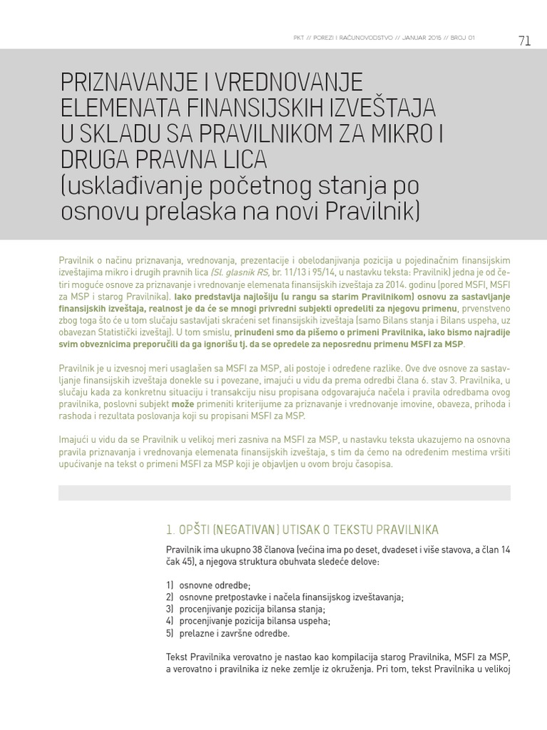 267 Priznavanje I Vrednovanje Elemenata Finansijskih Izvestaja U Skladu Sa Pravilnikom Za Mikro ...
