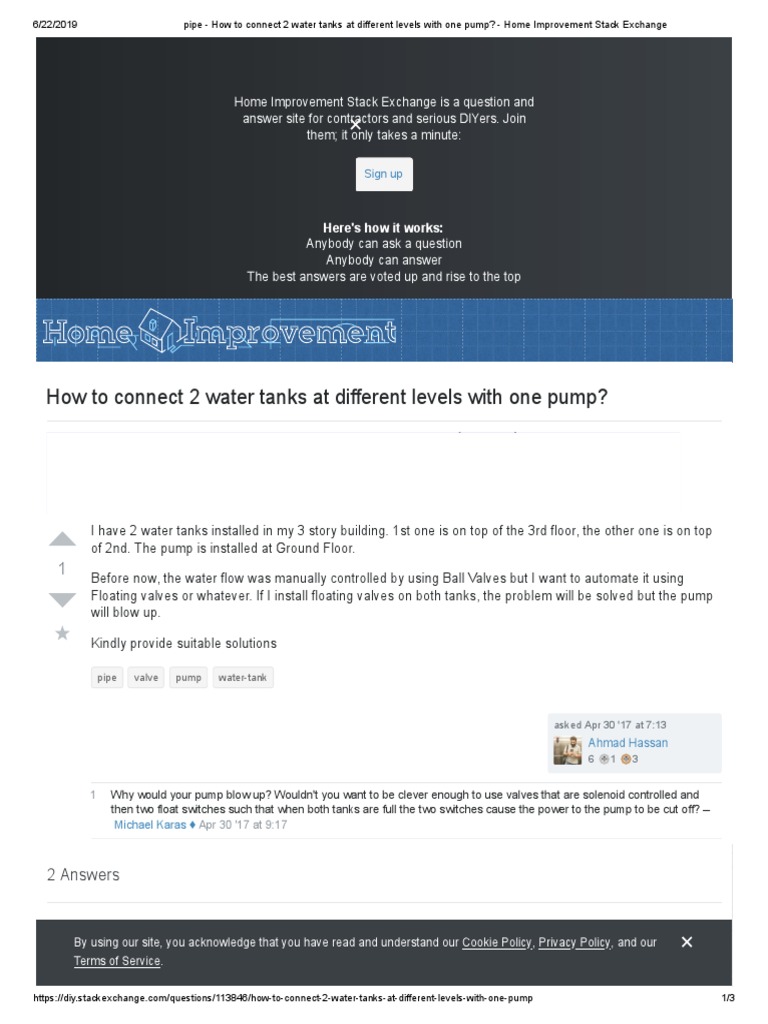 Pipe - How To Connect 2 Water Tanks at Different Levels With One Pump ...