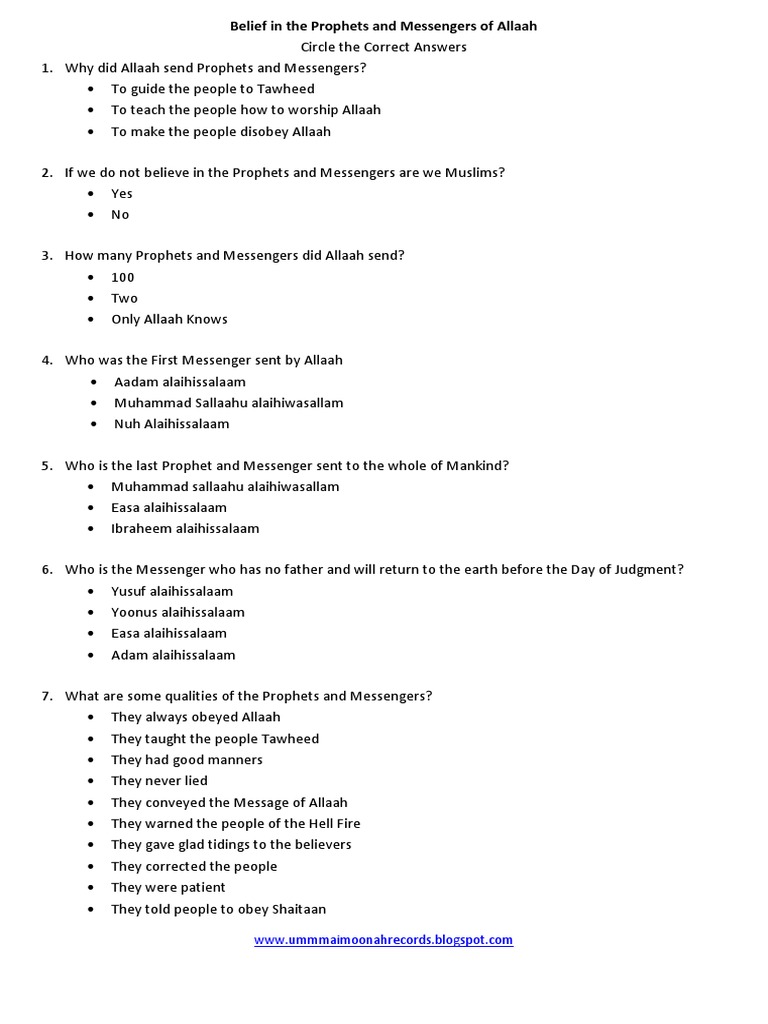 Belief in The Prophets and Messengers of Allaah - Worksheet PDF | PDF