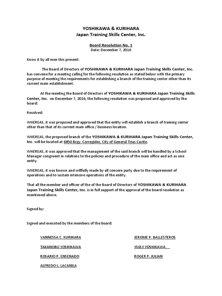 Board Resolution No. 1 | PDF