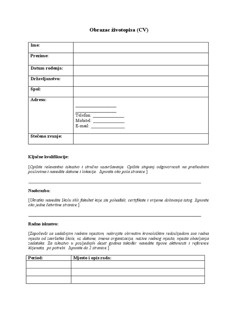 Obrazac Zivotopisa IC | PDF