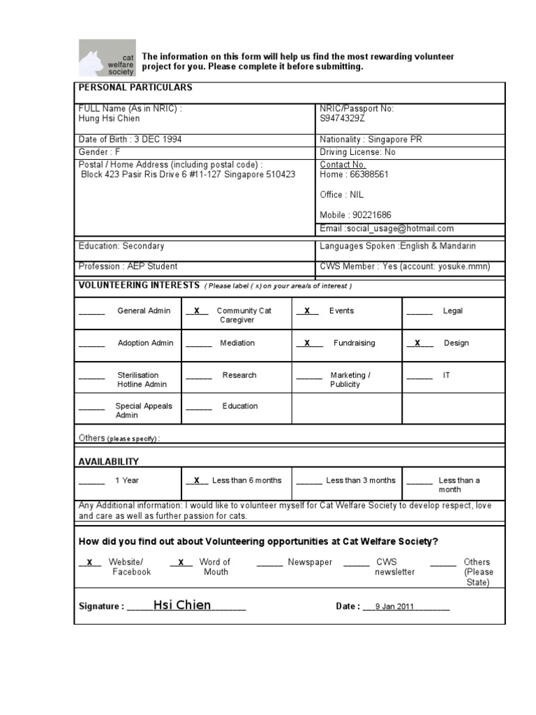 Cws Volunteer Form May2009 | PDF | Communication