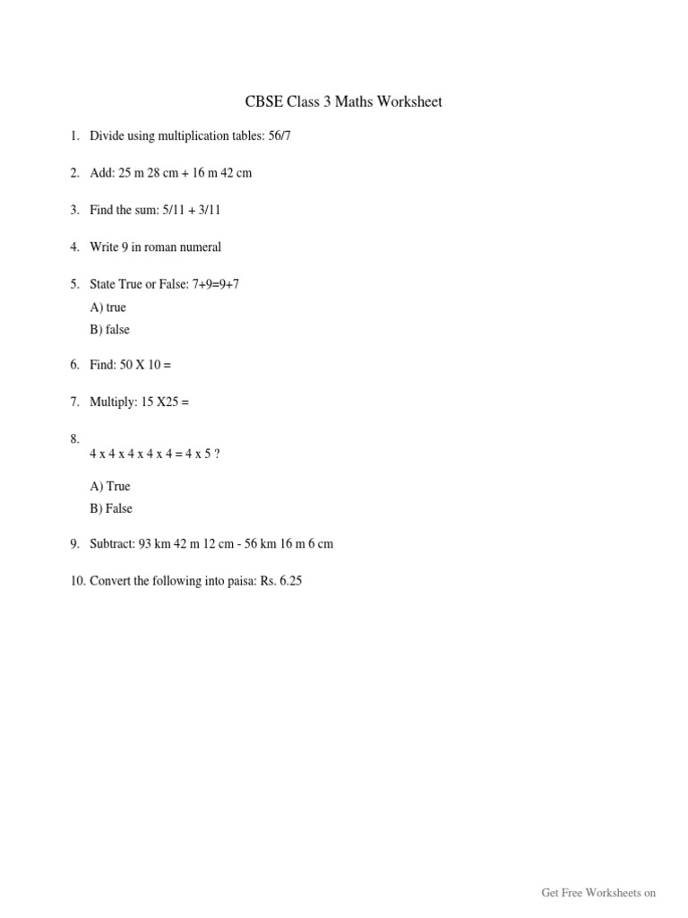 Maths CBSE Class 3 Worksheet | PDF