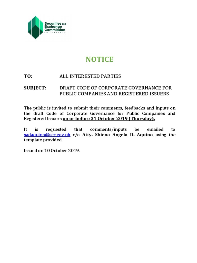 2019notice Comments Corporate Governance For Public Companies and ...