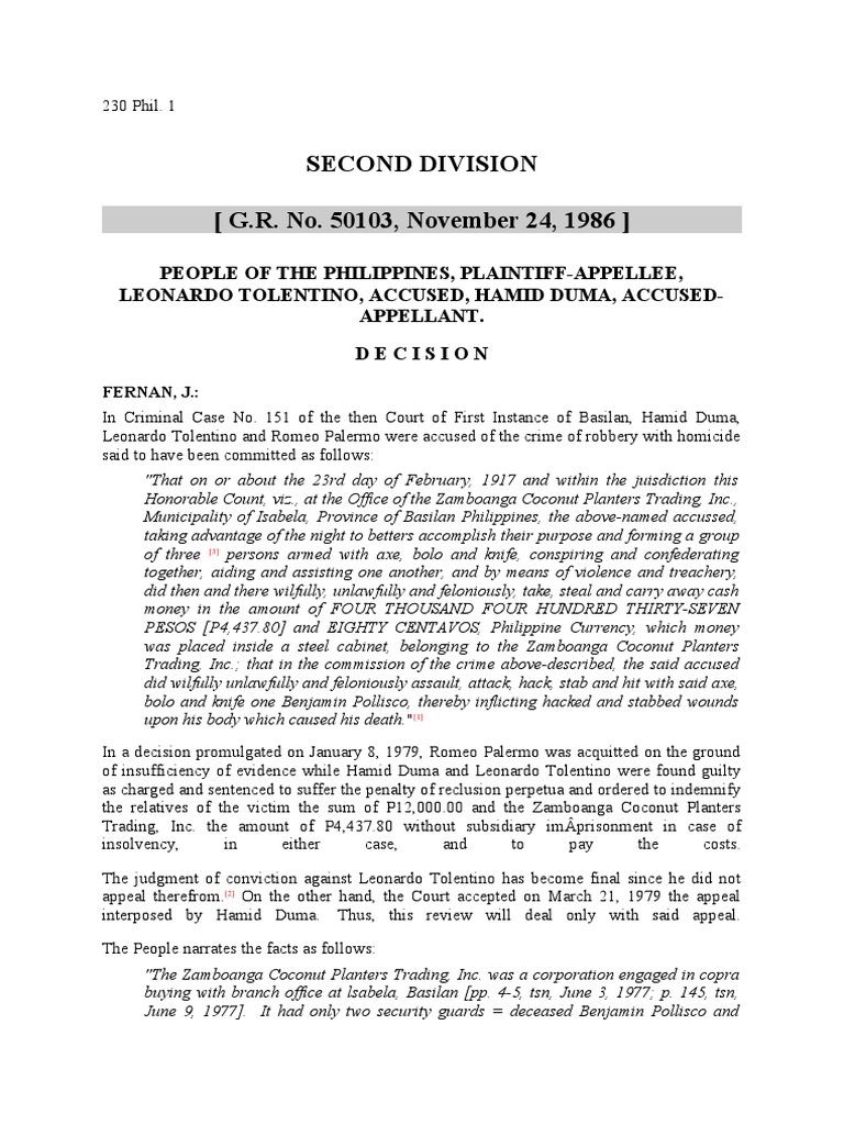 Second Division (G.R. No. 50103, November 24, 1986) | PDF | Miranda ...