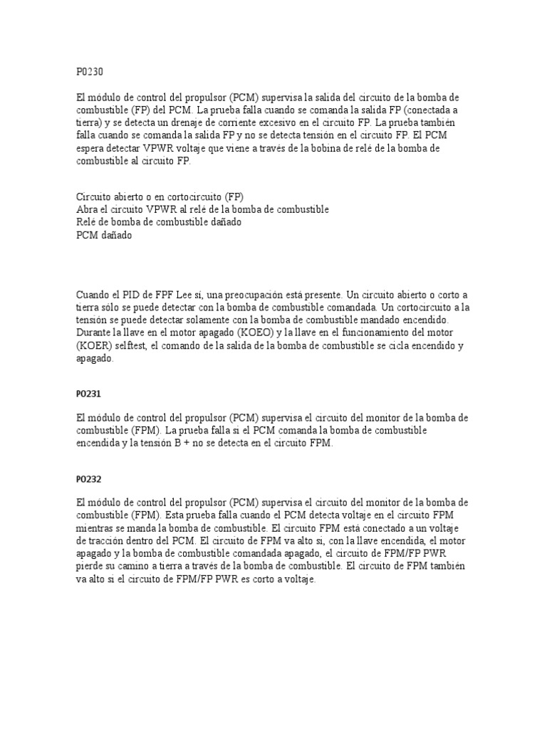 Fallo Relay Bomba Gasolina Ford P0230 P0231 P0232 | PDF