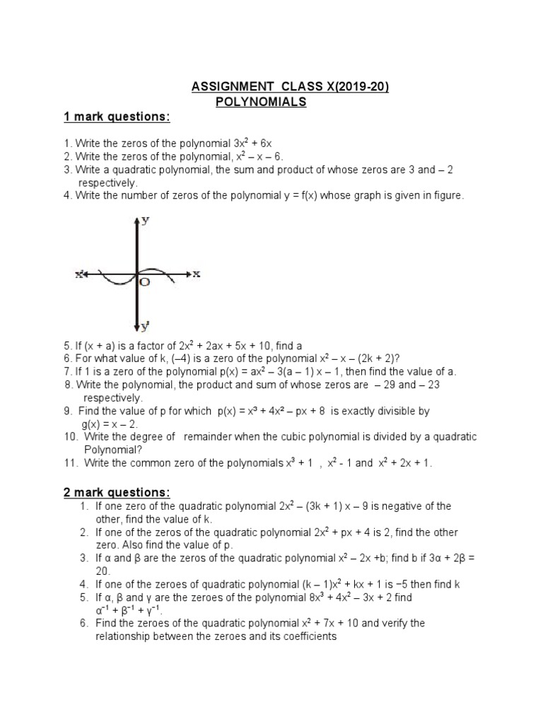 Assignment Class X (2019-20) 1 Mark Questions:: Polynomials | PDF | Polynomial | Quadratic Equation