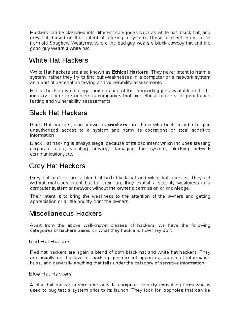 Types of Hackers | PDF | Security Hacker | White Hat (Computer Security)