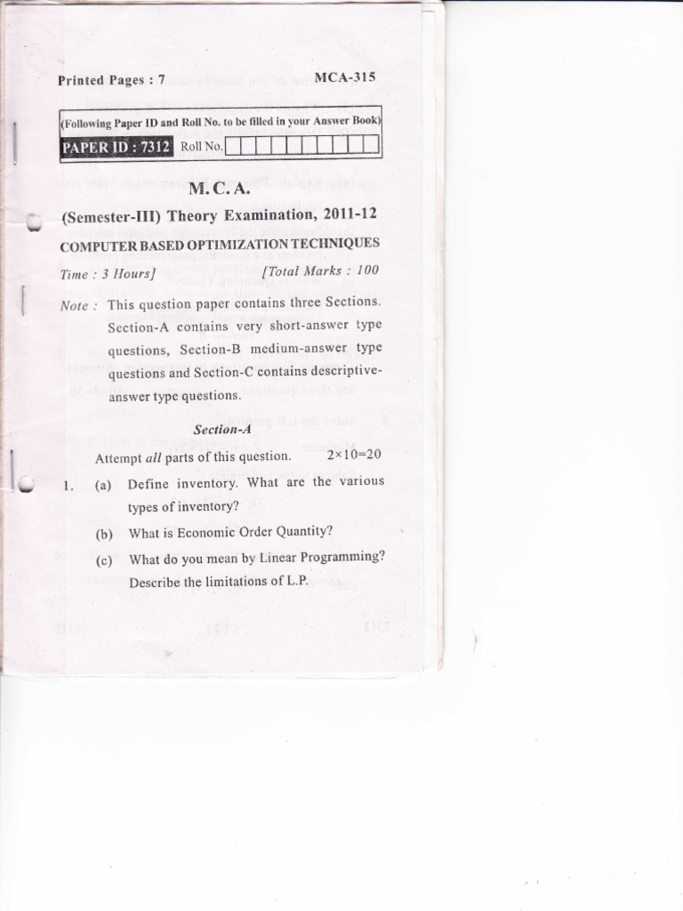 Computer Based Optimization Technique MCA-315 | PDF | Linear Programming | Mathematical Optimization
