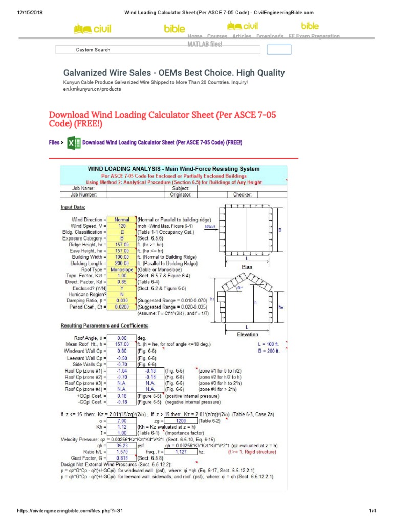 Wind Loading Calculator Sheet (Per ASCE 7-05 Code) | PDF | Microsoft ...