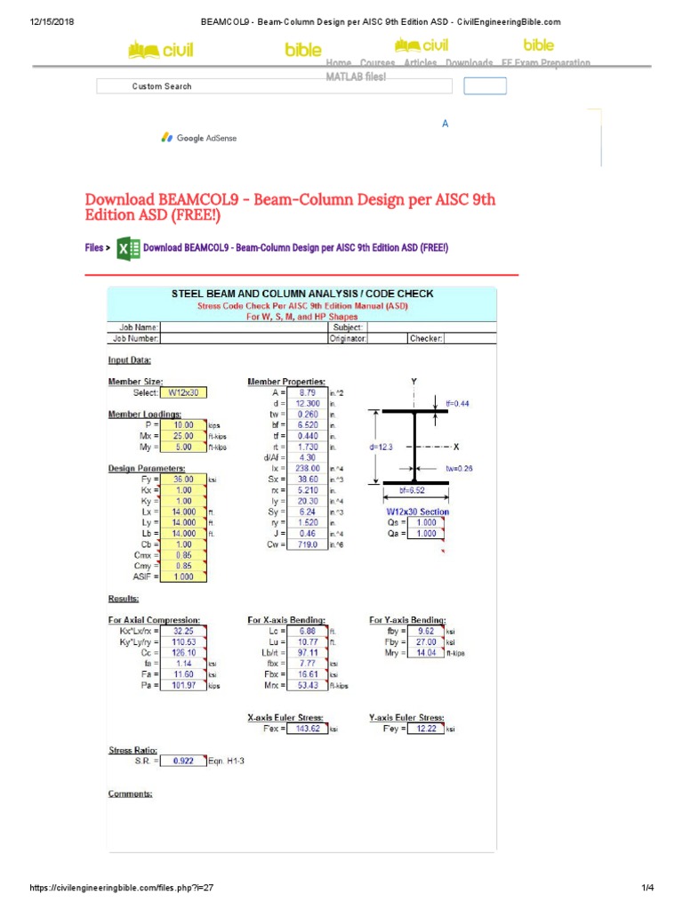 BEAMCOL9 - Beam-Column Design Per AISC 9th Edition ASD | PDF | Buckling ...