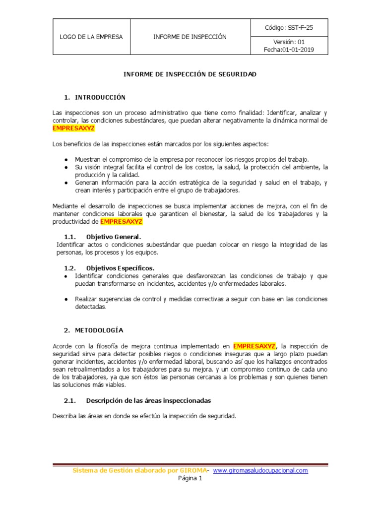 SST-F-25 Informe de Inspeccion de Seguridad | PDF | Seguridad y salud ocupacional | Economias
