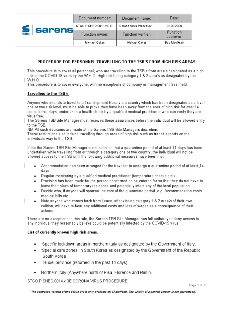 STCO.P.SHEQ.0014.v 0E - Corona Virus Procedure | PDF | Public Sphere ...