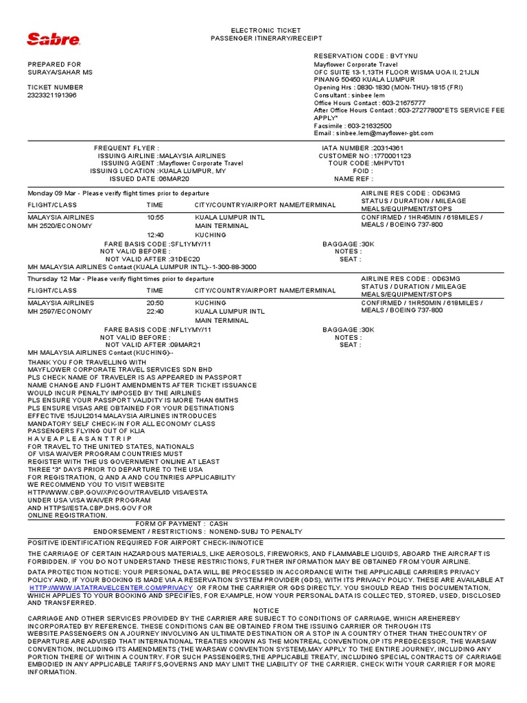Flight Confirmation Kuching 9 March 2020 Revised PDF | PDF | Travel ...
