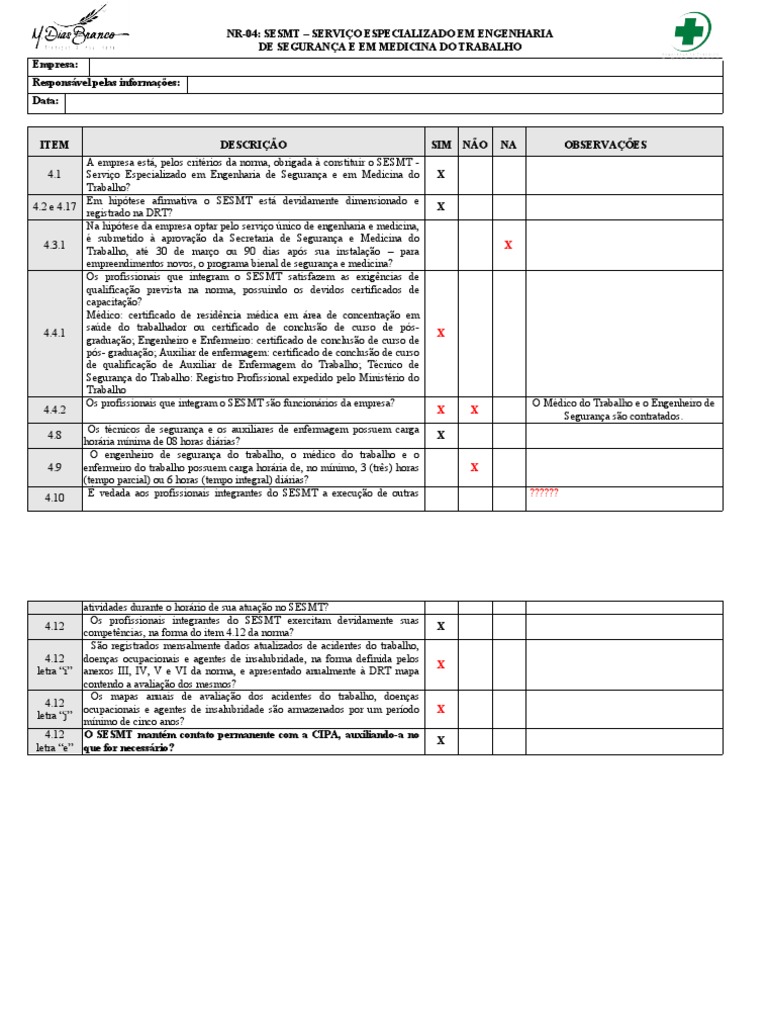 CHECK List NR4 | PDF | Enfermagem | Remédio