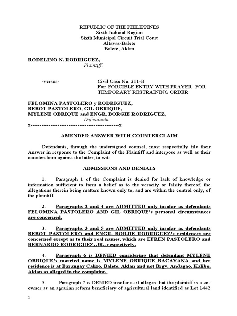 Forcible Entry Case: Amended Answer | PDF | Lawsuit | Affidavit