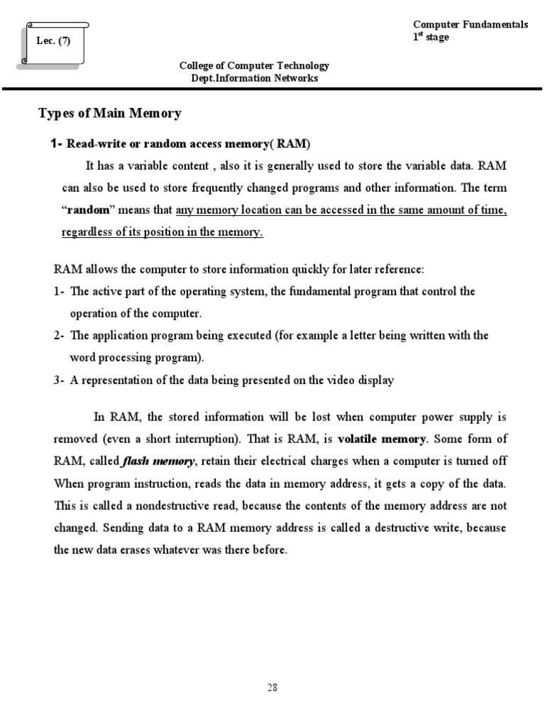 Types of Main Memory: 1-Read-Write or Random Access Memory (RAM) | PDF ...