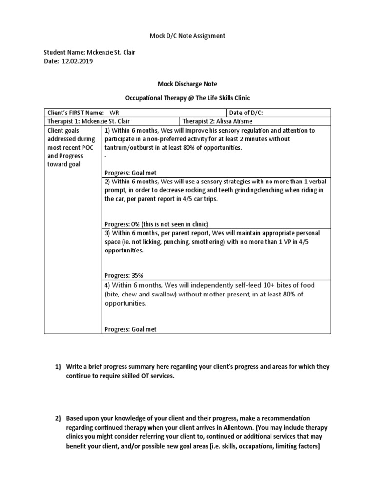 Mock OT Discharge Note Summary | PDF | Occupational Therapy | Psychotherapy