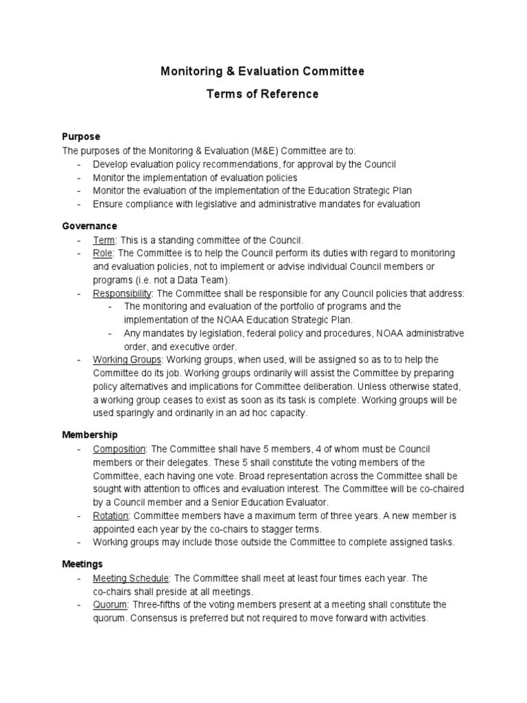 M&E Committee Terms of Reference | PDF | Committee | Public Law