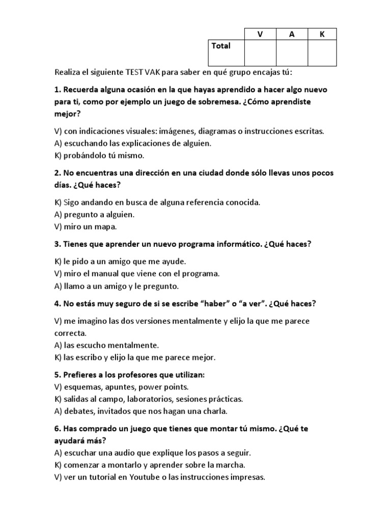 Test VAK Estilos de Aprendizaje | PDF