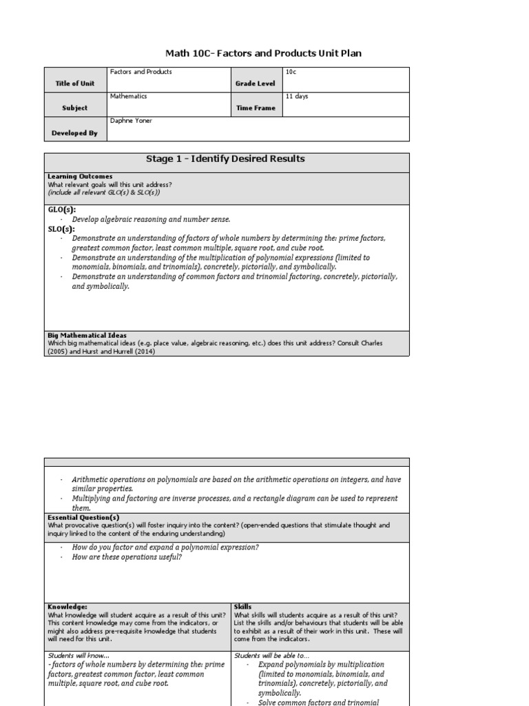 Unit Plan Grade 10 | Download Free PDF | Factorization | Fraction ...