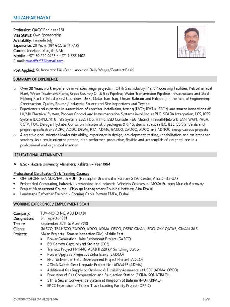 QAQC Engineer E&I CV - Muzaffar Hayat | PDF | Optical Fiber | Quality Assurance