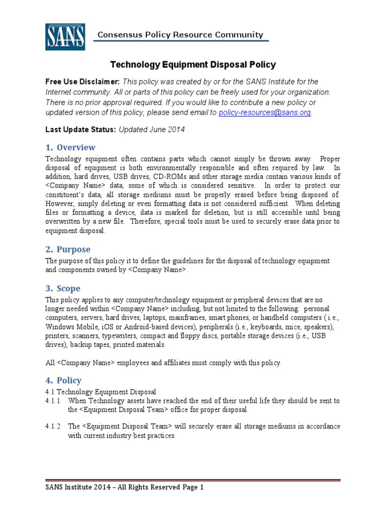 Technology Equipment Disposal Policy: 1. Overview | PDF | Computer Data ...