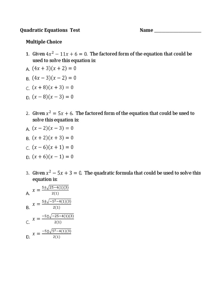 Quadratic Equations Test Name - Multiple Choice | PDF