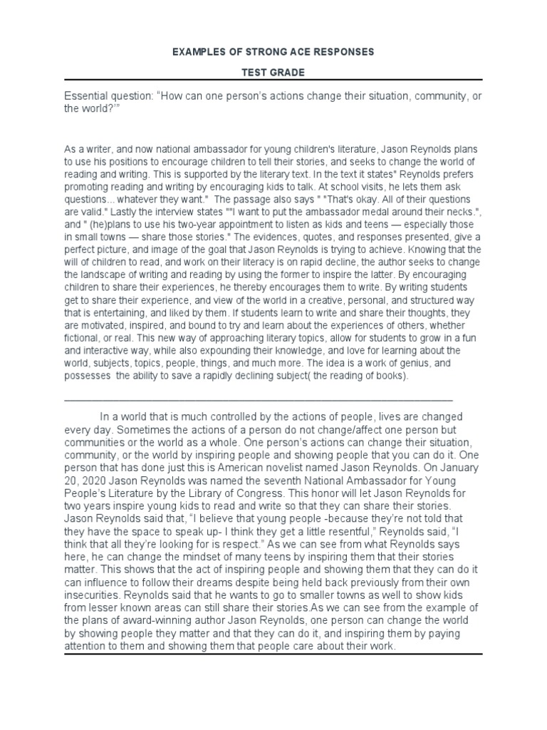 Examples of Strong Ace Responses Test Grade | PDF | Literacy | Adolescence