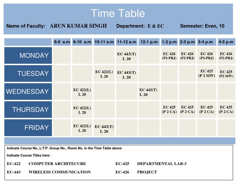 Time Table: Monday Tuesday Wednesday Thursday Friday | PDF
