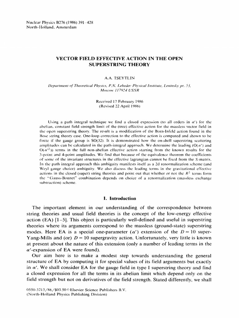 Vector Field Effective Action in The Open Superstring Theory | PDF | Gauge Theory | String Theory