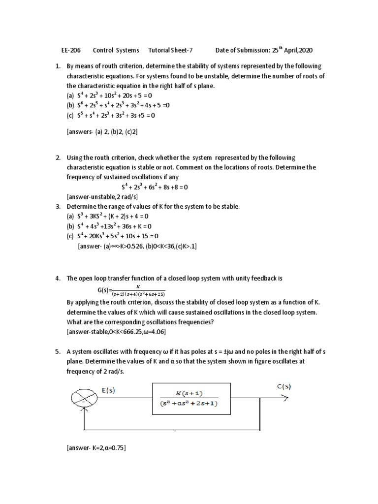 Routh Criterion - Tutorial 7 - Co - 12 | PDF | Control Theory ...