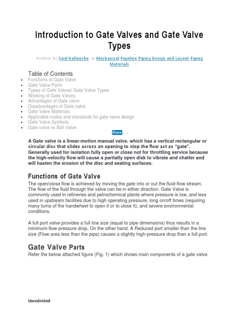 Overview of Gate Valve Types and Uses | PDF | Valve | Hydraulics