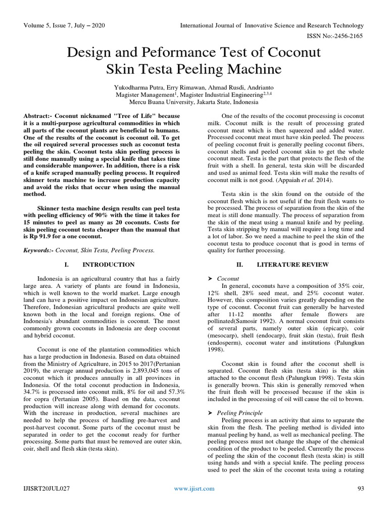 Design and Peformance Test of Coconut Skin Testa Peeling Machine | PDF ...