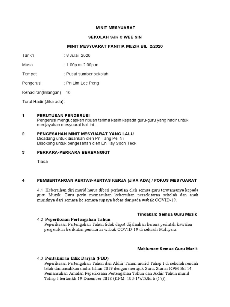Minit Mesyuarat Panitia Muzik Kali 2 | PDF