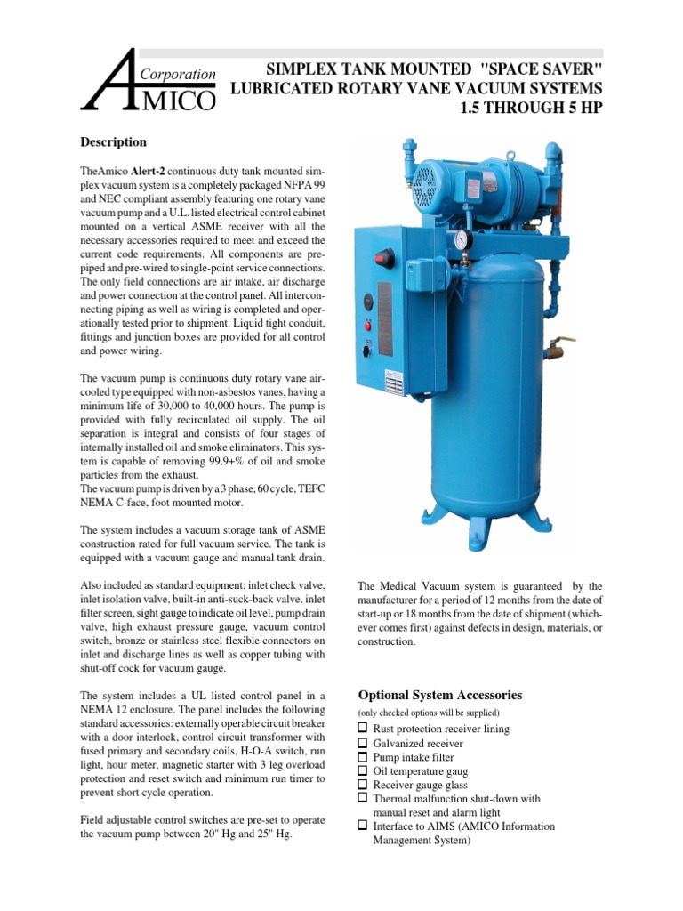 Simplex Tank Mounted "Space Saver" Lubricated Rotary Vane Vacuum ...