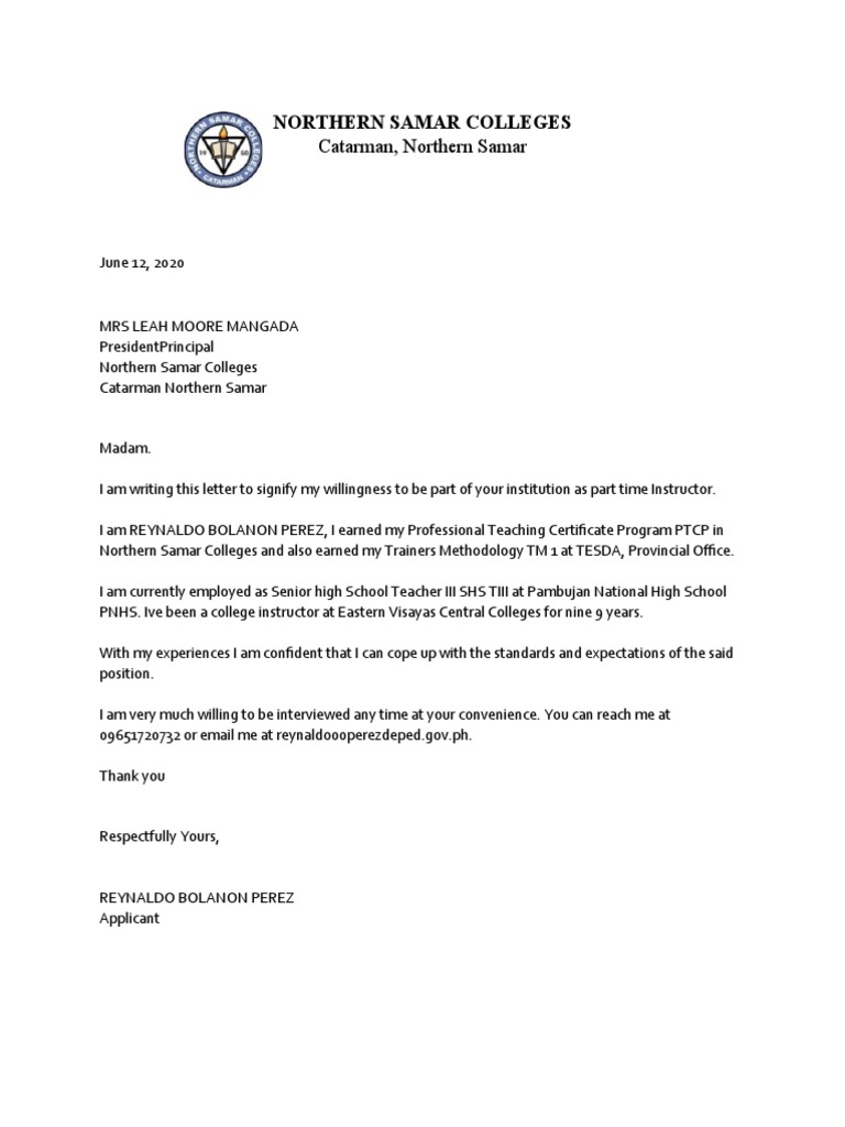 NORTHERN SAMAR COLLEGES App - Letter | PDF