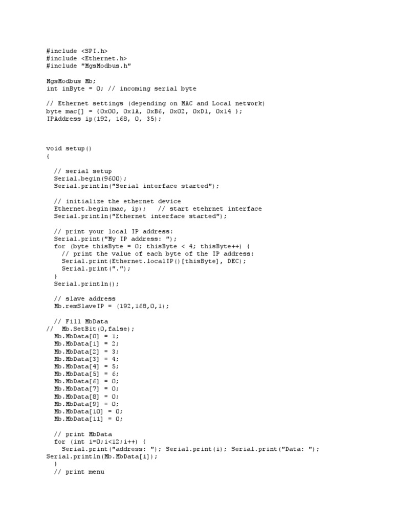 Modbus TCP Arduino | Download Free PDF | Integer (Computer Science) | Ethernet