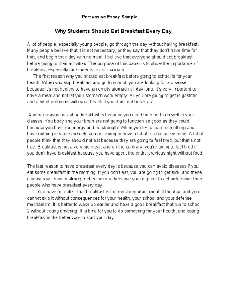 Why Students Should Eat Breakfast Every Day: Persuasive Essay Sample | PDF