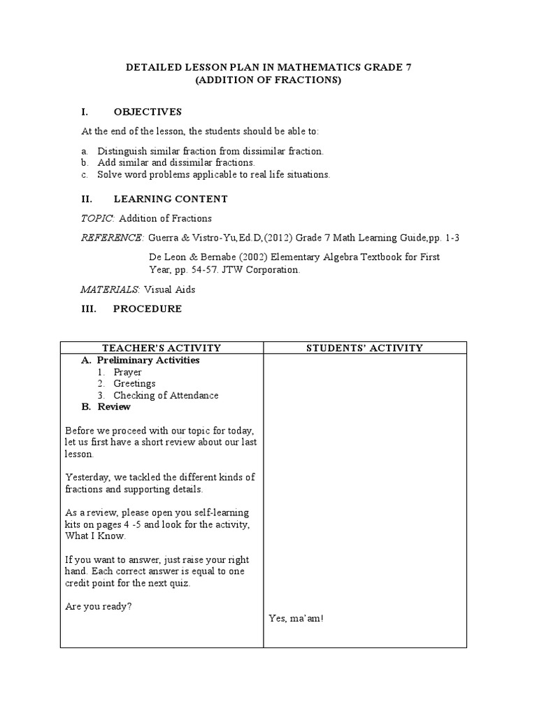 Grade 7 Math: Adding Fractions Lesson | PDF | Fraction (Mathematics ...