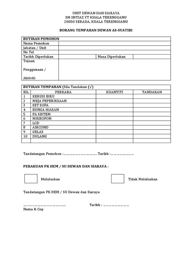 Borang Tempah Dewan | PDF