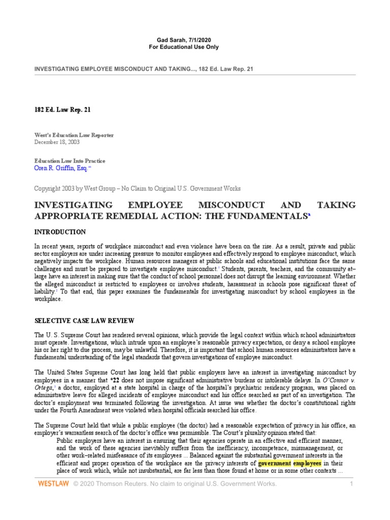 Investigating Employee Misconduct and Taking Appropriate Remedial ...
