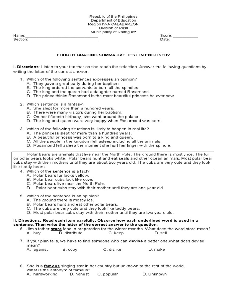 FOURTH QUARTERLY TEST IN ENGLISH IV With TOS & ANSWERS | PDF | Subject ...