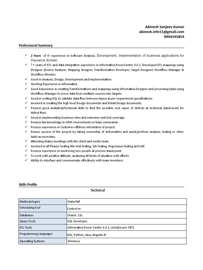 Professional Summary: Abinesh Sanjeev Kumar 9944145854 | PDF | Sql | Databases