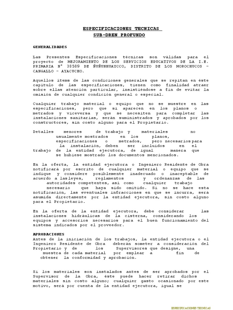 Especificaciones Sub-Dren Profundo | PDF | Tubería (transporte de fluidos) | Volumen