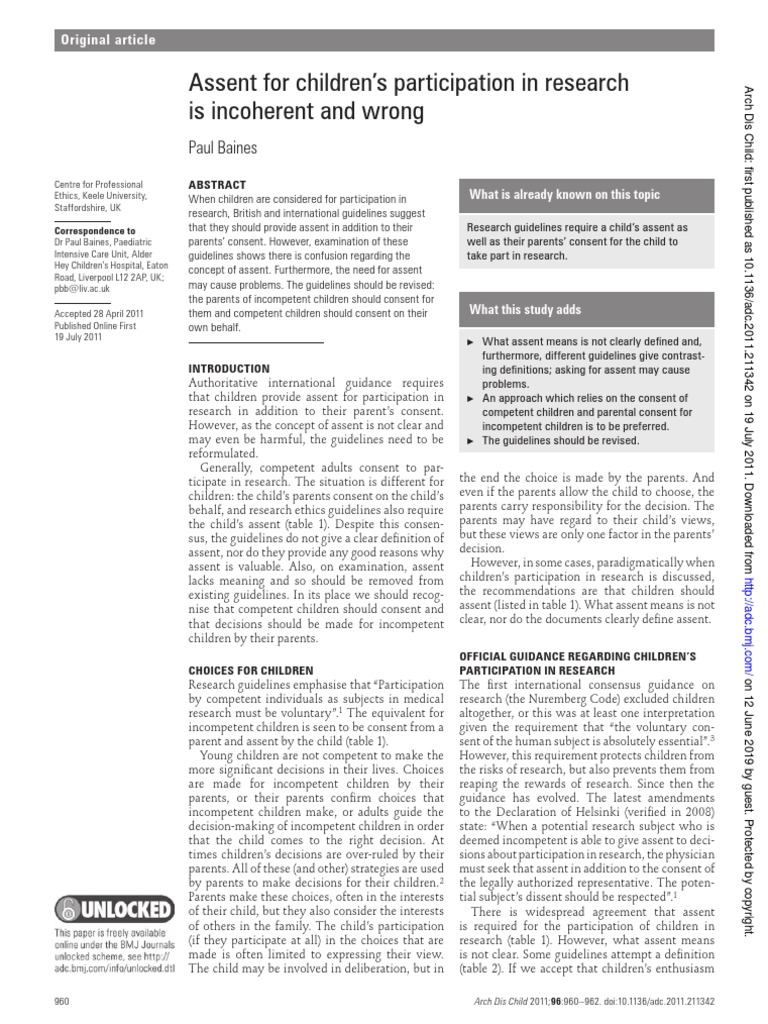 Assent For Children's Participation in Research Is Incoherent and Wrong ...