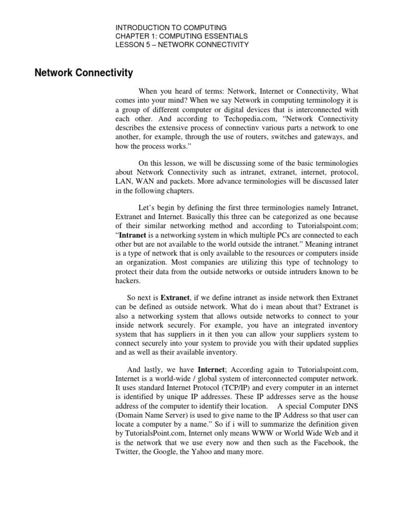 Network Connectivity: Introduction To Computing Chapter 1: Computing ...