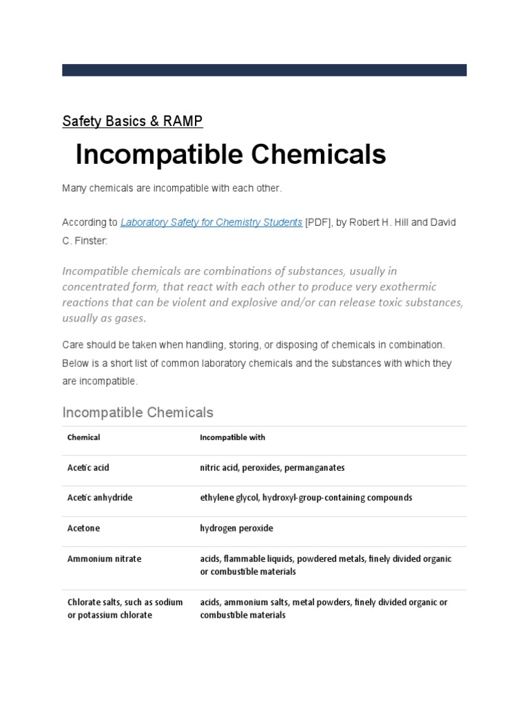 Incompatible Chemicals: Safety Basics & RAMP | PDF | Hydrogen Peroxide ...