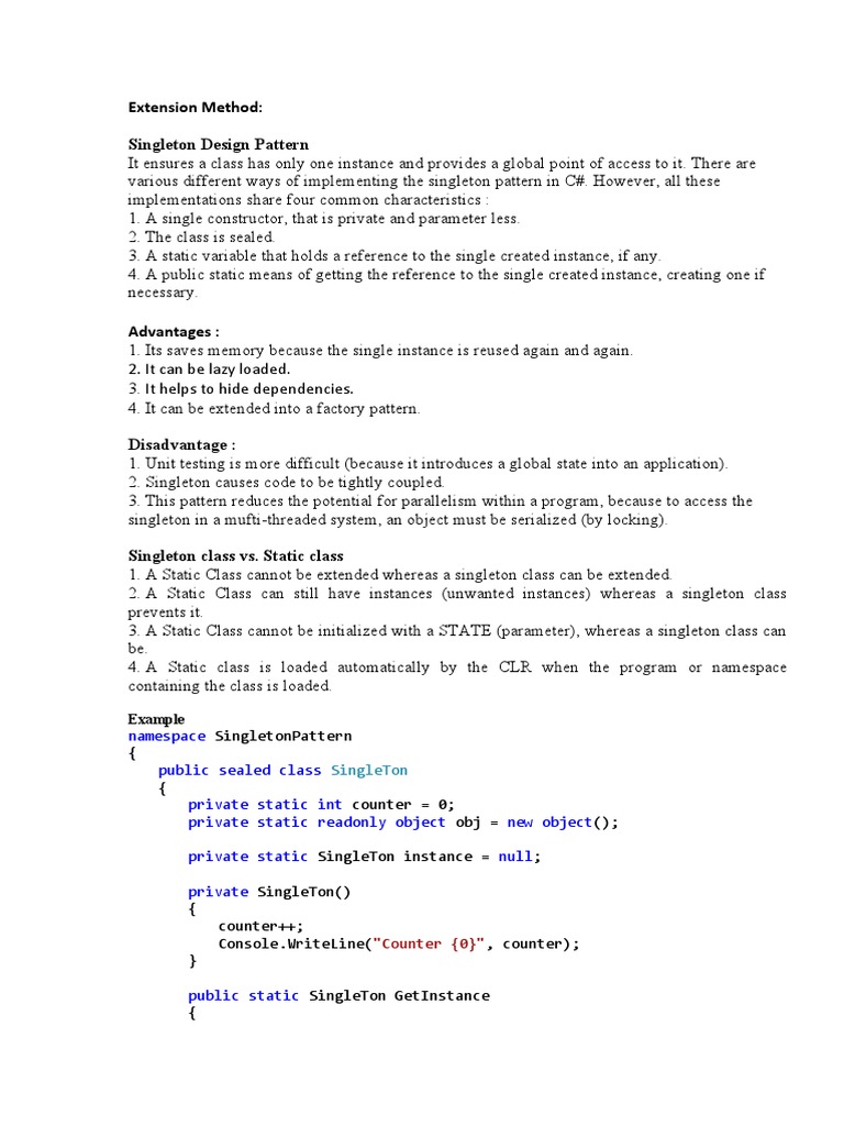 Extension Method Singleton Design Pattern Pdf Class Computer Programming Computer